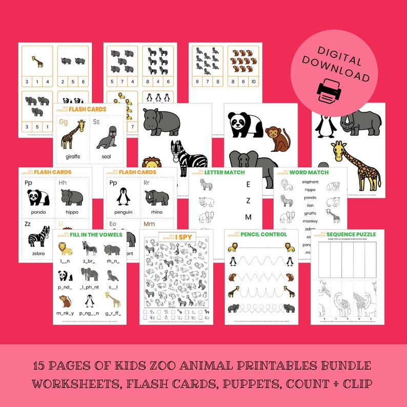 Kids Zoo Animals LARGE BUNDLE 15 Pg: Flash Cards Puppets - Etsy Australia