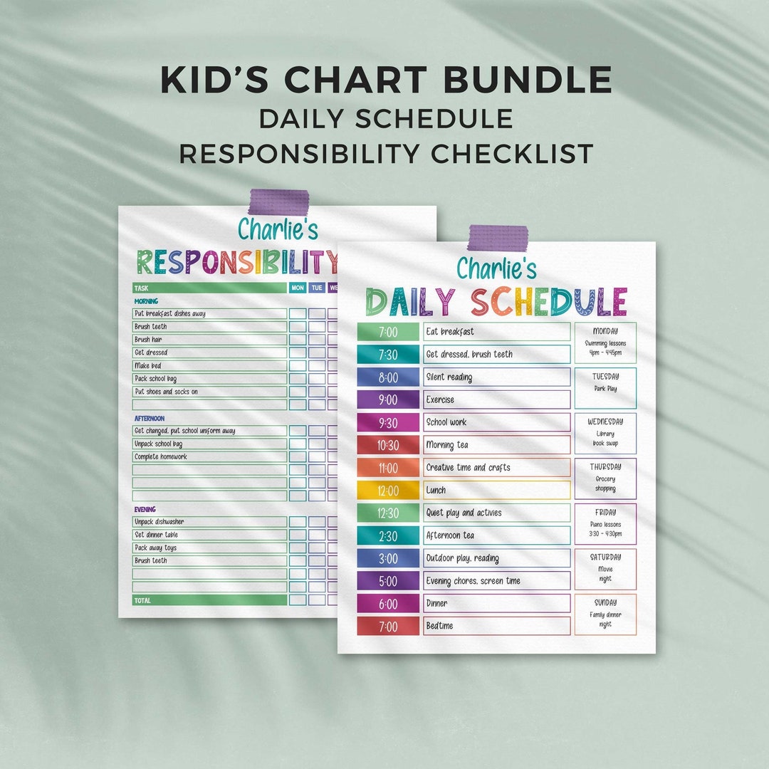 Rainbow Editable Chart Bundle for Kids, Daily Schedule + Responsibility ...