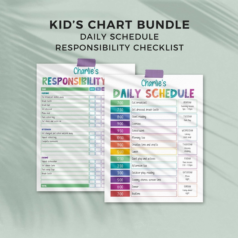 Rainbow Editable Chart Bundle for Kids, Daily Schedule Responsibility ...