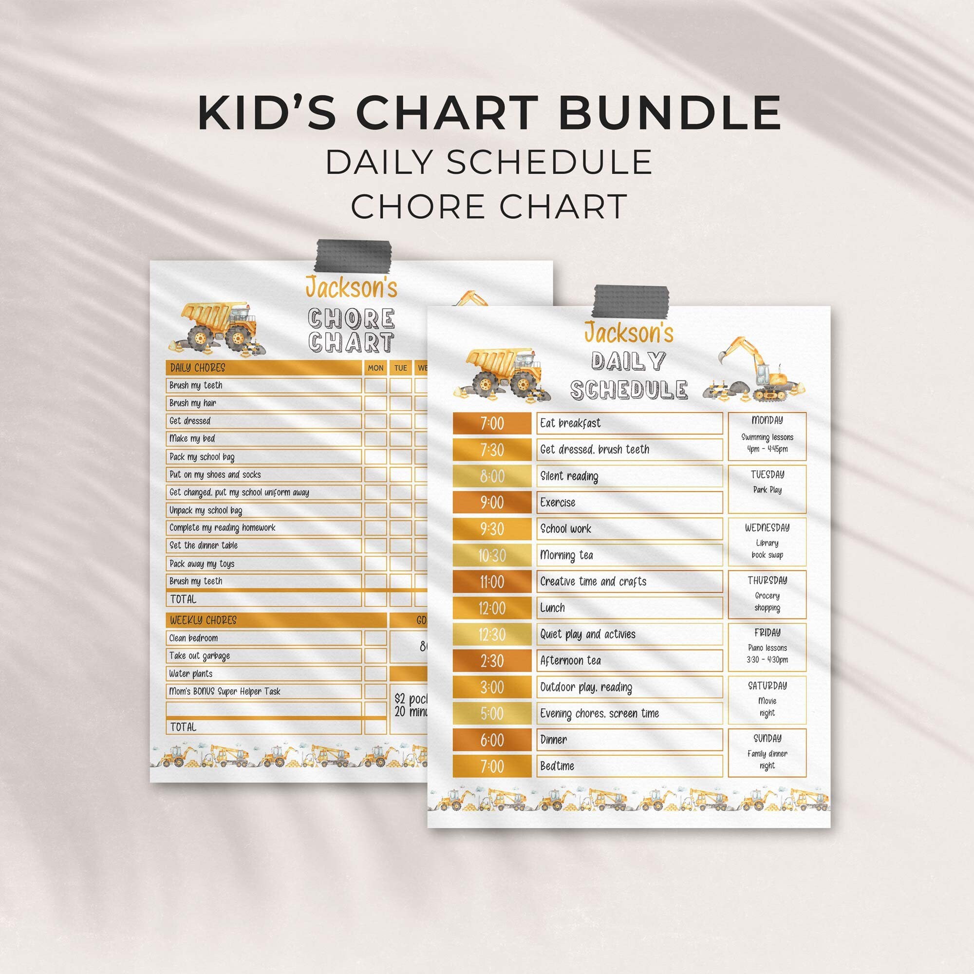 Construction Editable Chart Bundle for Kids, Daily Schedule Chore Chart ...