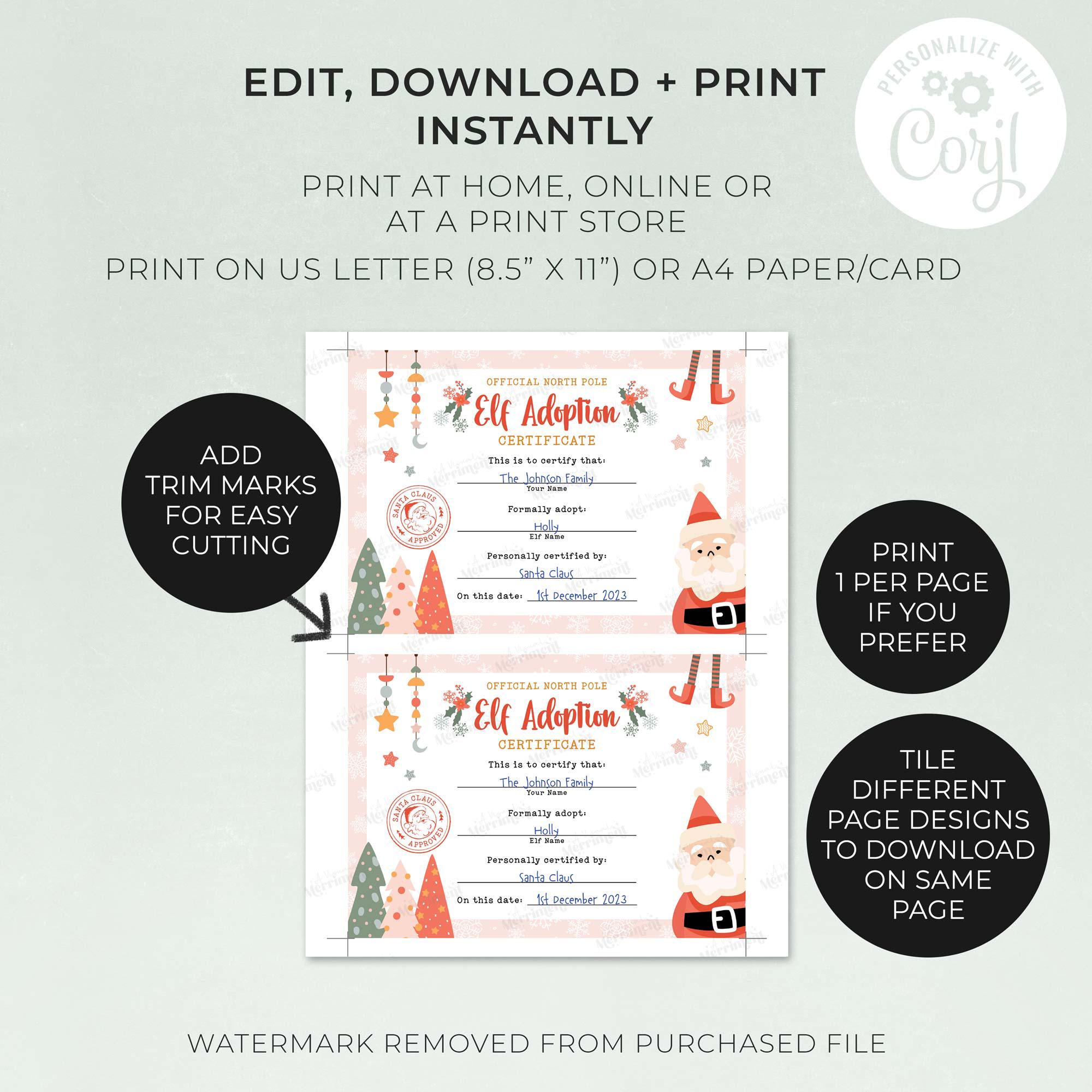 Editable Christmas Elf Adoption Certificate | Adopt a New Christmas Elf ...