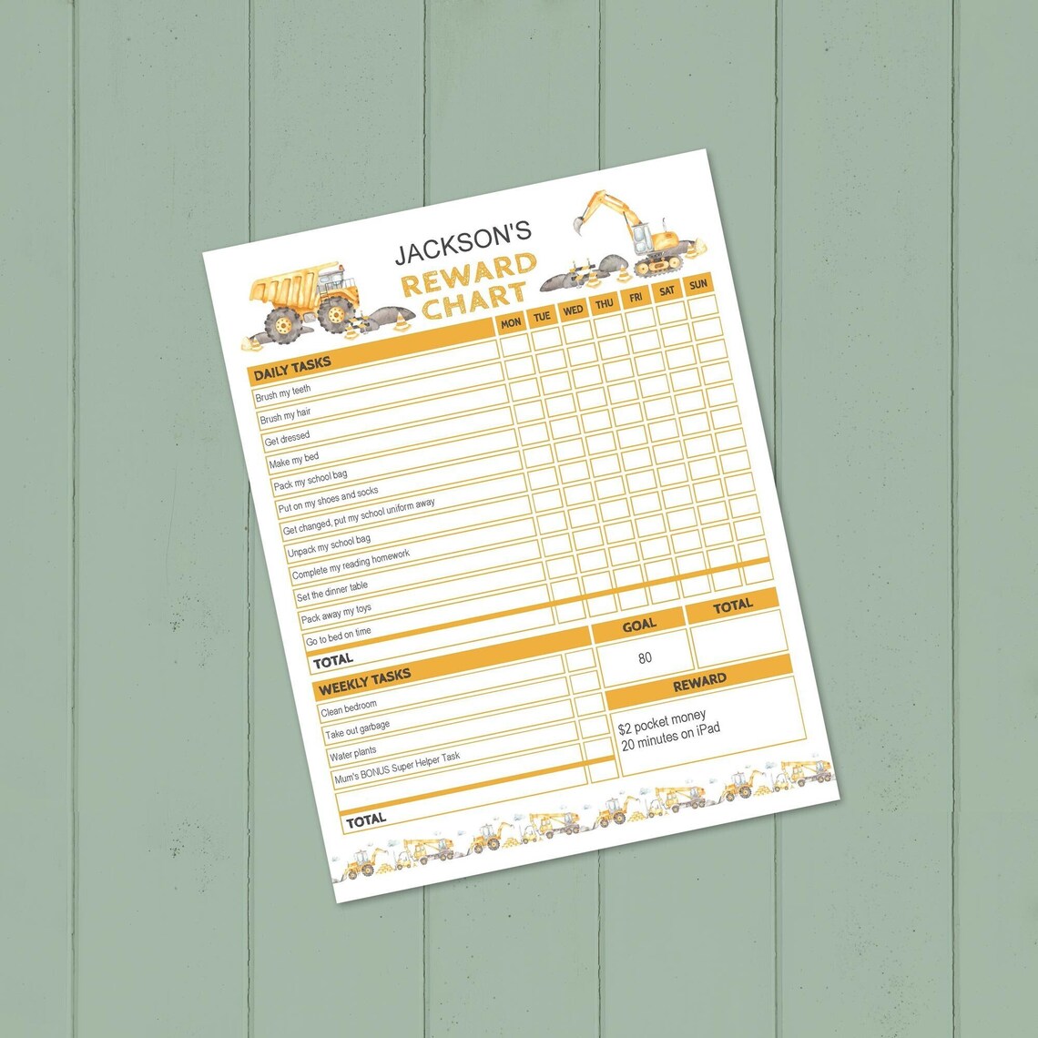 Construction Reward Chart for Kids Editable Printable | Etsy