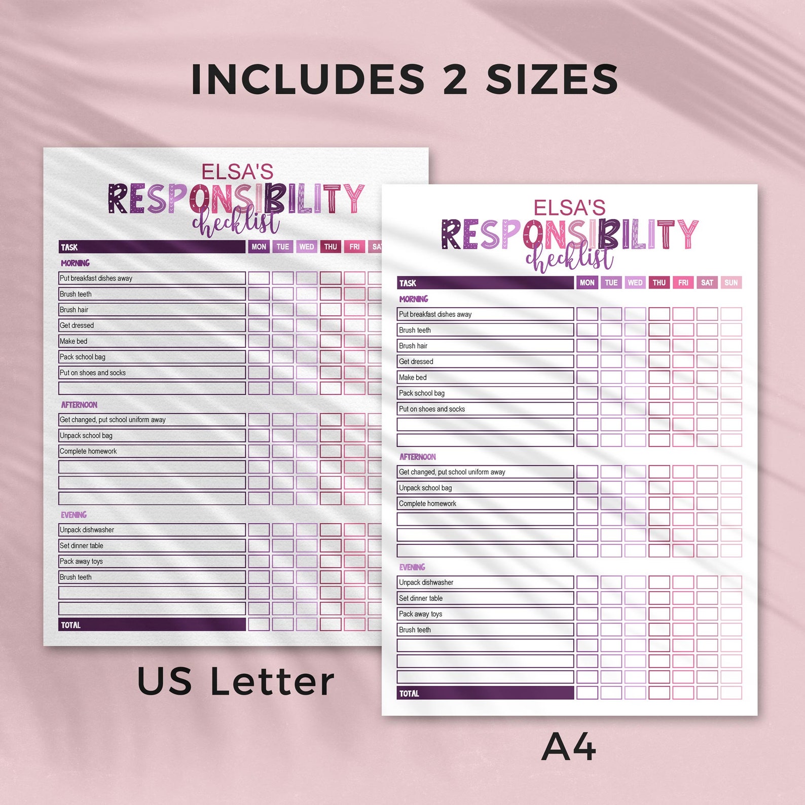 Purple Pink Responsibility Checklist for Kids, Editable Printable Girls ...