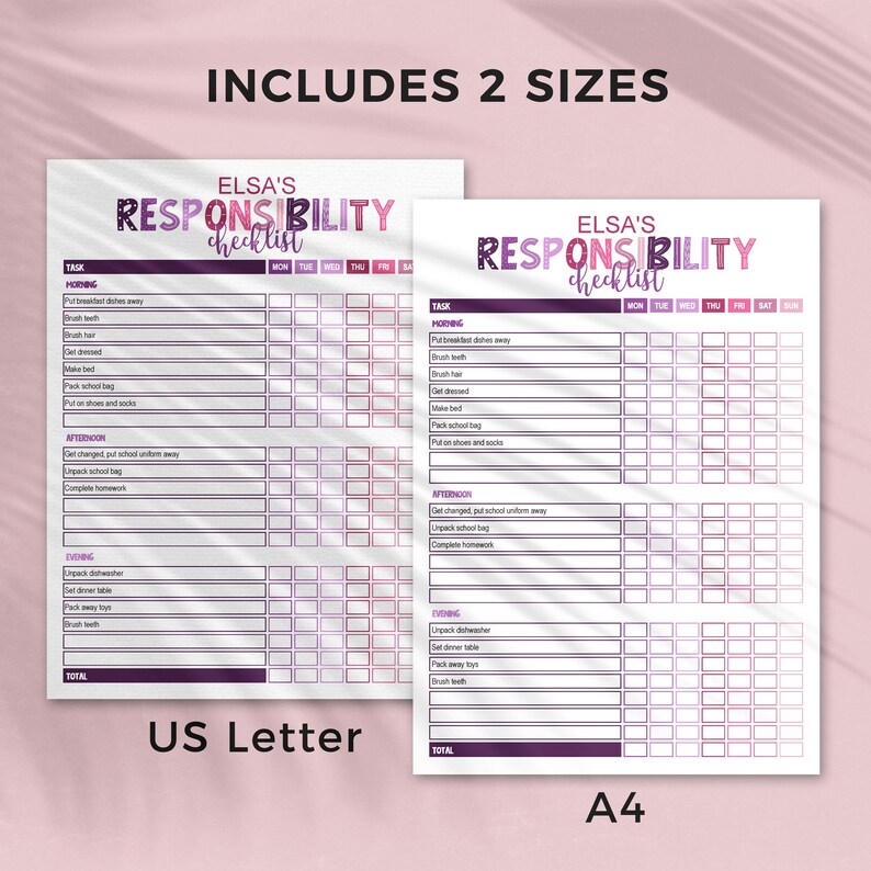 Purple Pink Responsibility Checklist for Kids, Editable Printable ...