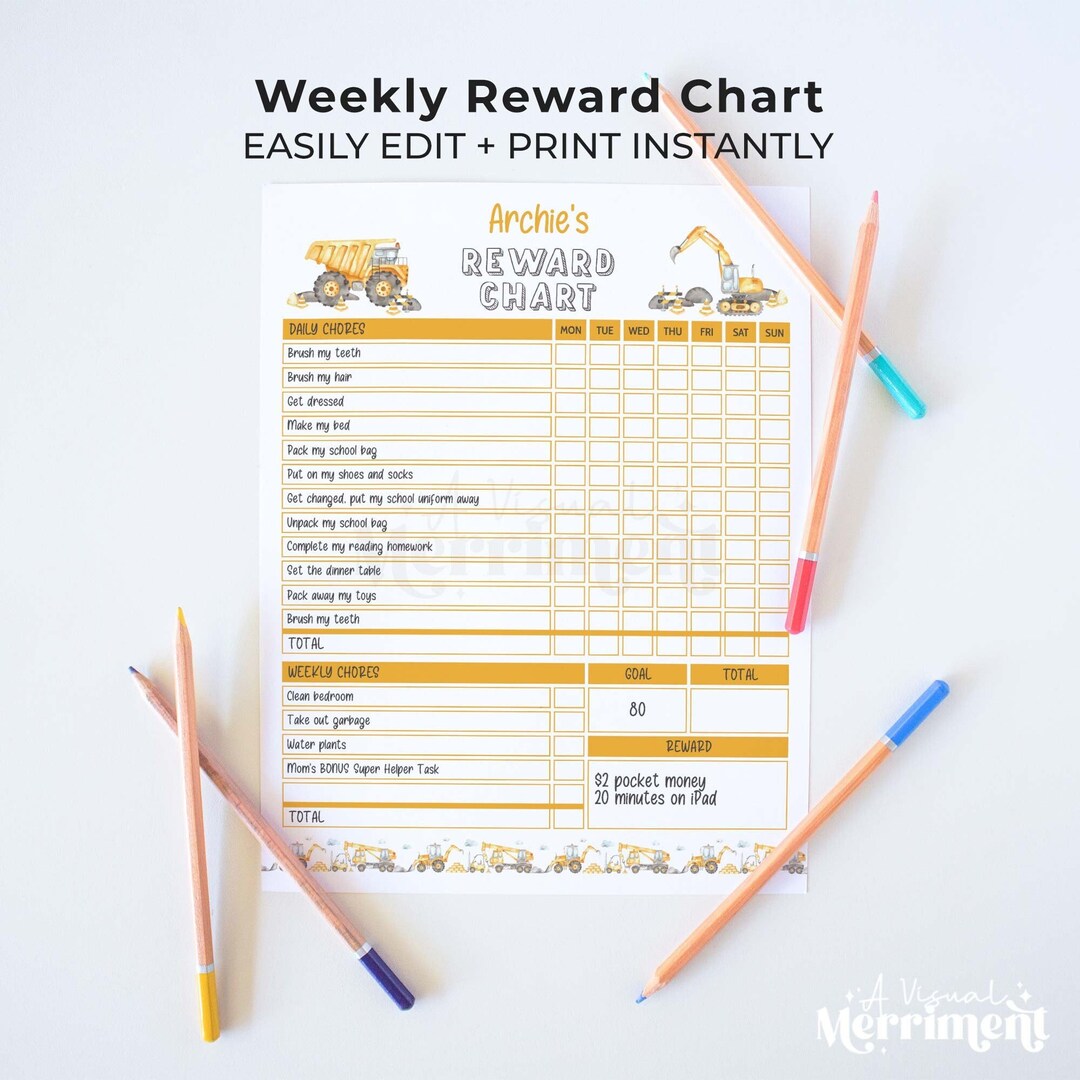 Construction Reward Chart for Kids, Editable Printable Daily Weekly ...