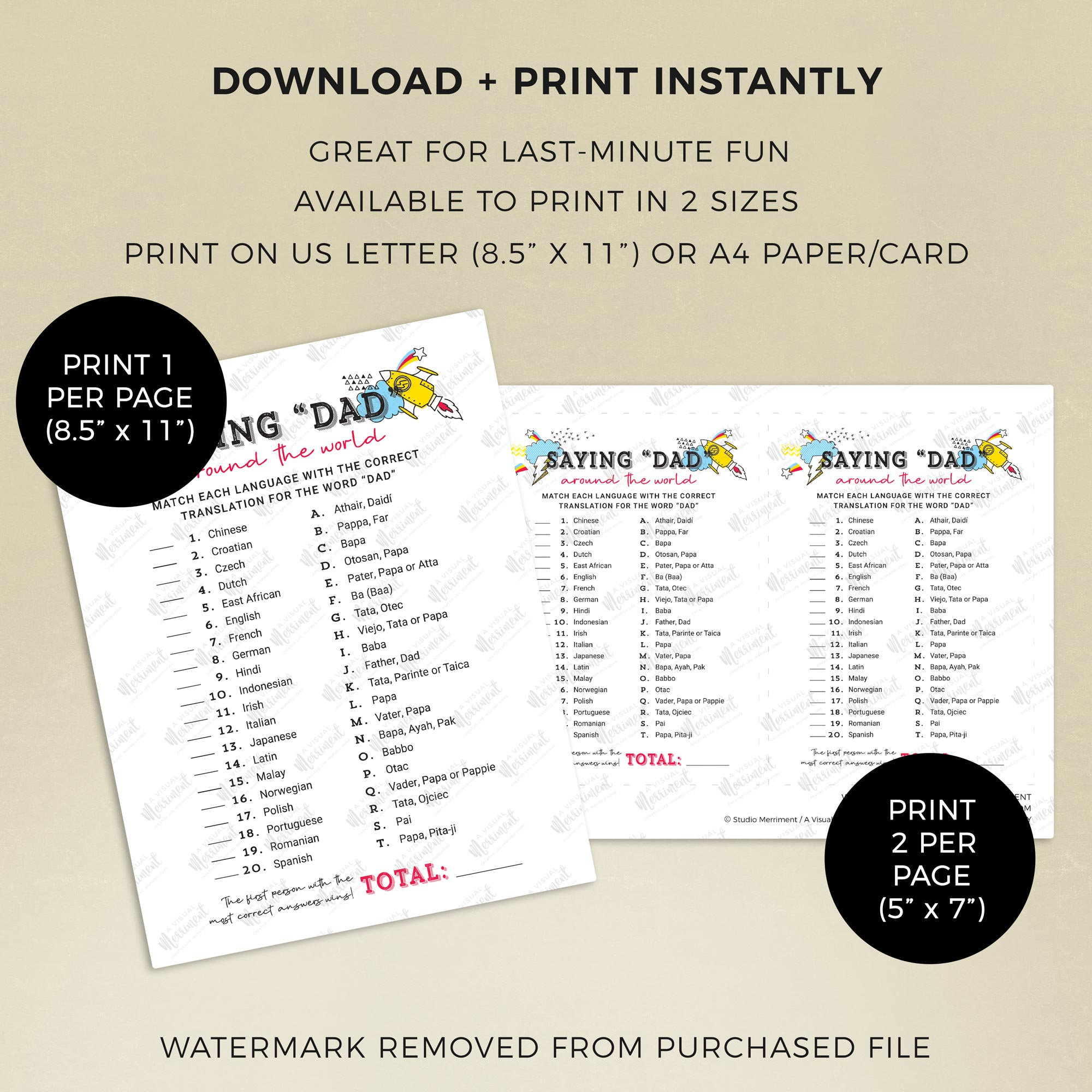 Fathers Day Game, Around the World Printable Saying Dad in Different ...