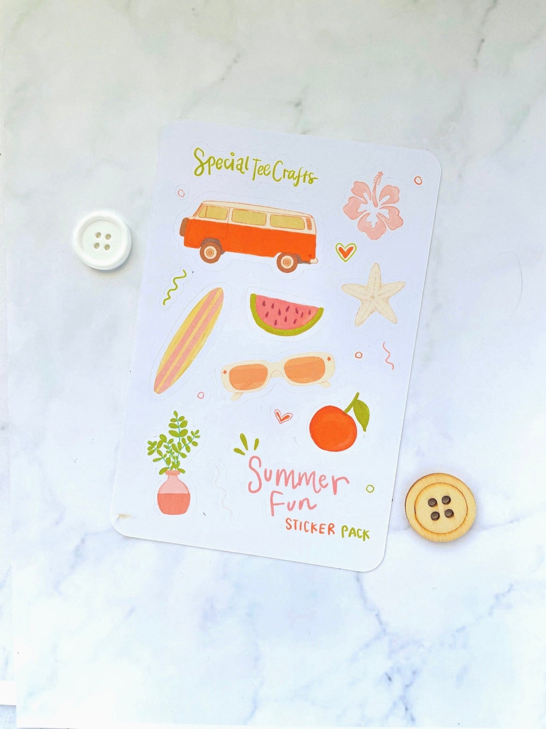 Summer Fun Sticker Sheet - Cute Summer Sticker Pack - Orange and Pink ...