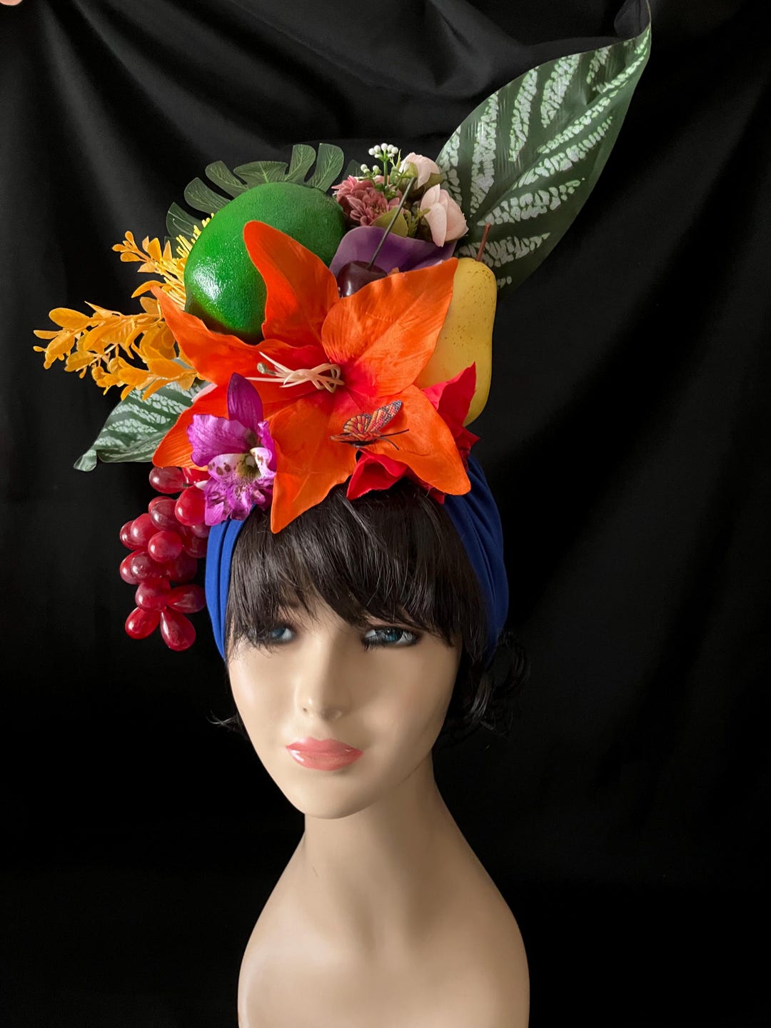 Blue Carmen Miranda Style Fruit Hat Tropical Fruits Turban Tutti Frutty ...