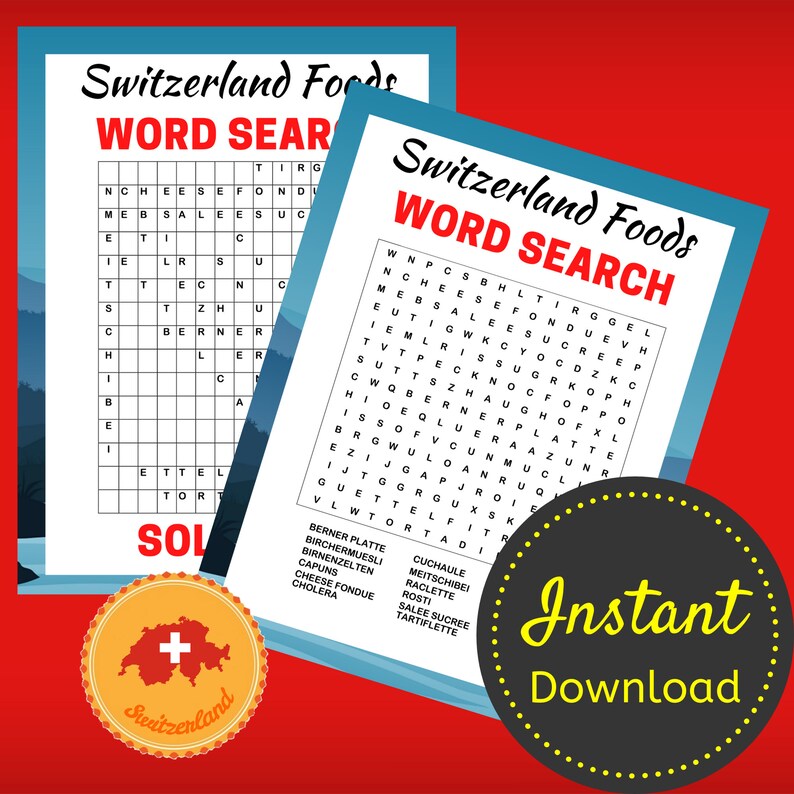 Switzerland Foods Word Search Printable, Travel Activity Sheets, Word ...