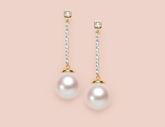Long Pearl Drop Earrings Contemporary CZ and Vegan Glass Pearl Earrings Sterling Silver Etsy