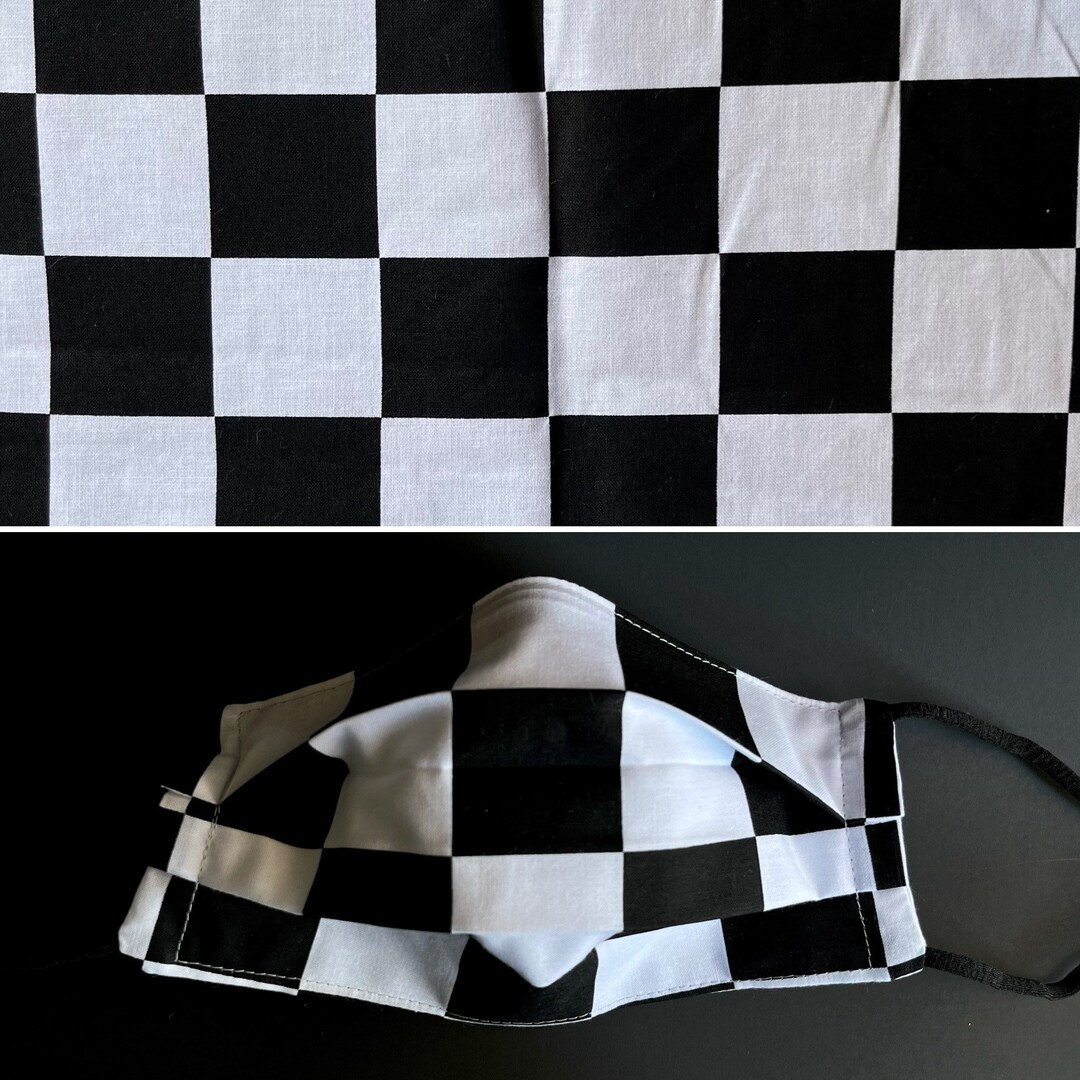 Black & White Checkered Face Mask With Nose Wire and Adjustable Elastic ...