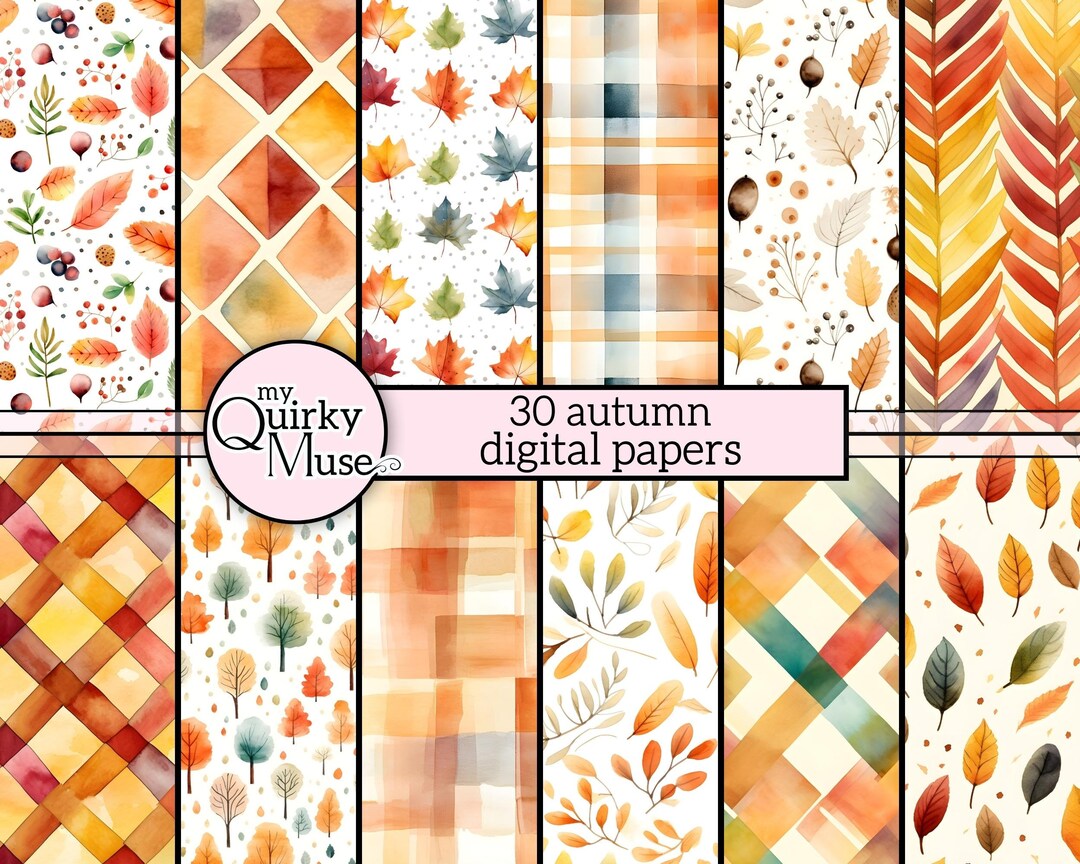 Fall Leaves and Patterns Watercolor Digital Paper, Junk Journals ...