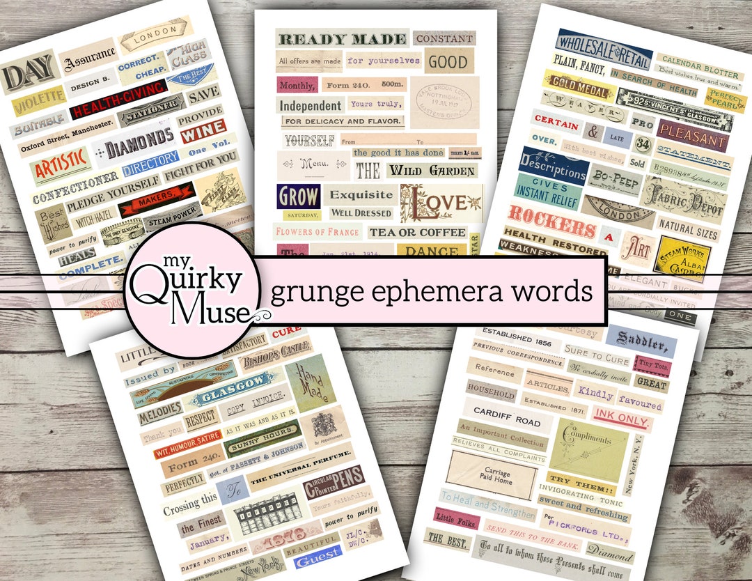 Grunge Ephemera Words for Your Junk Journal, Art Book Words, Collage ...