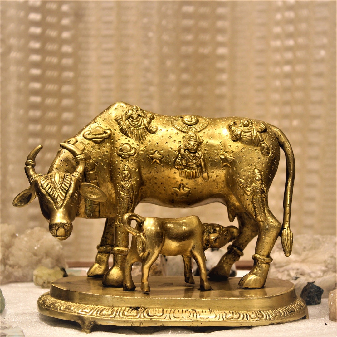 Cow and Calf Statue Home Decor Brass Statue Bronze Sculpture Kamdhenu ...