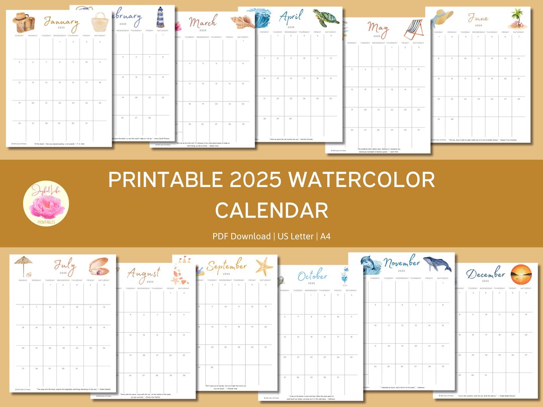 2025 Monthly Calendar Printable | Beach Theme With Inspiring Quotes ...