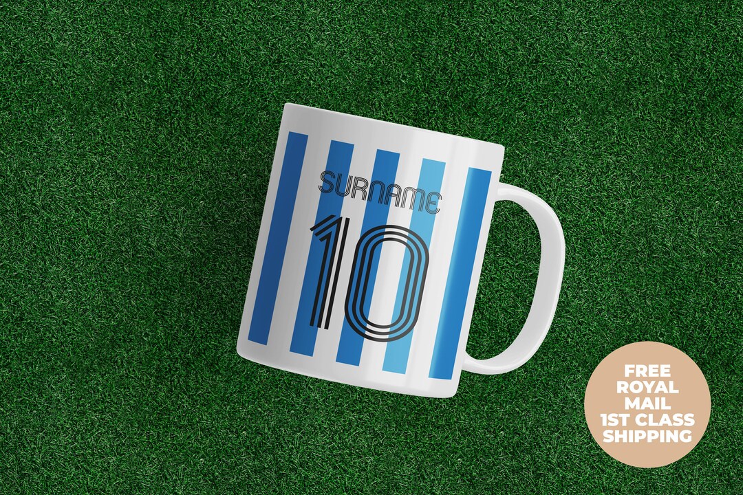 Personalised Football Mug With Name and Number - Custom Printed Blue ...