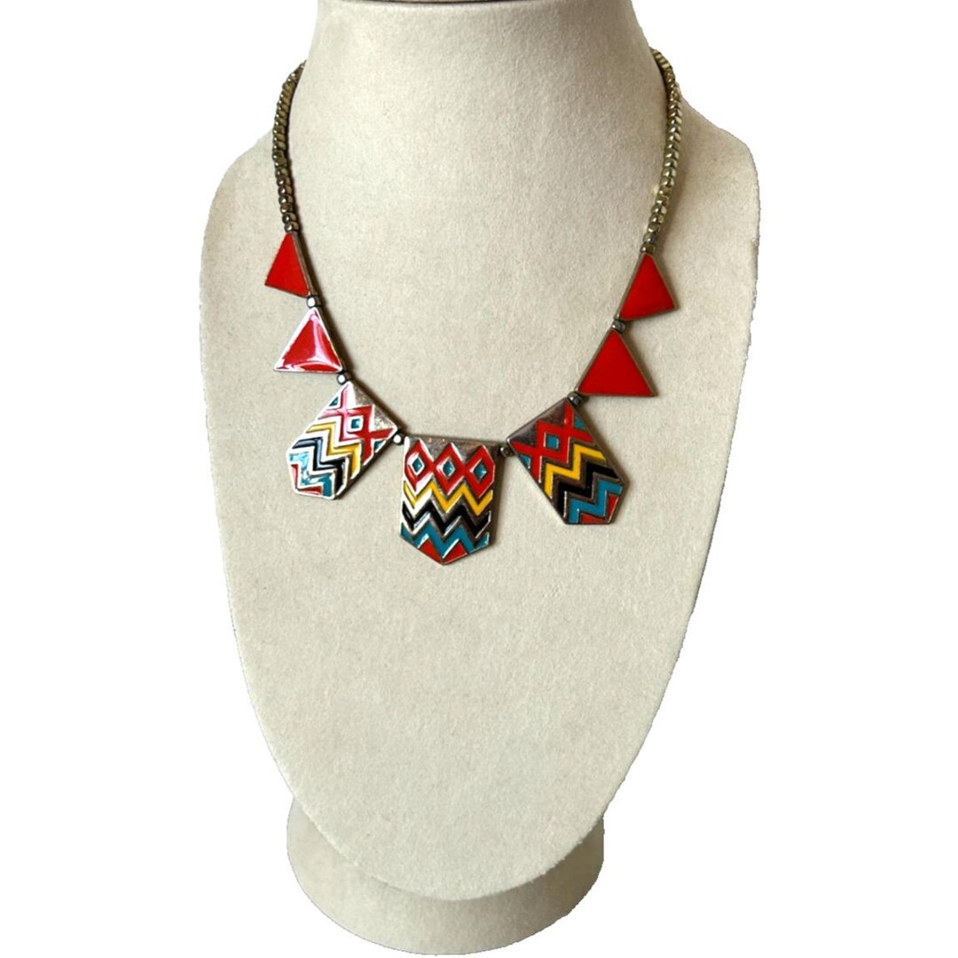 80s 90s Triangle Bib Necklace Silver Tone Multi Color Geometric Tribal ...