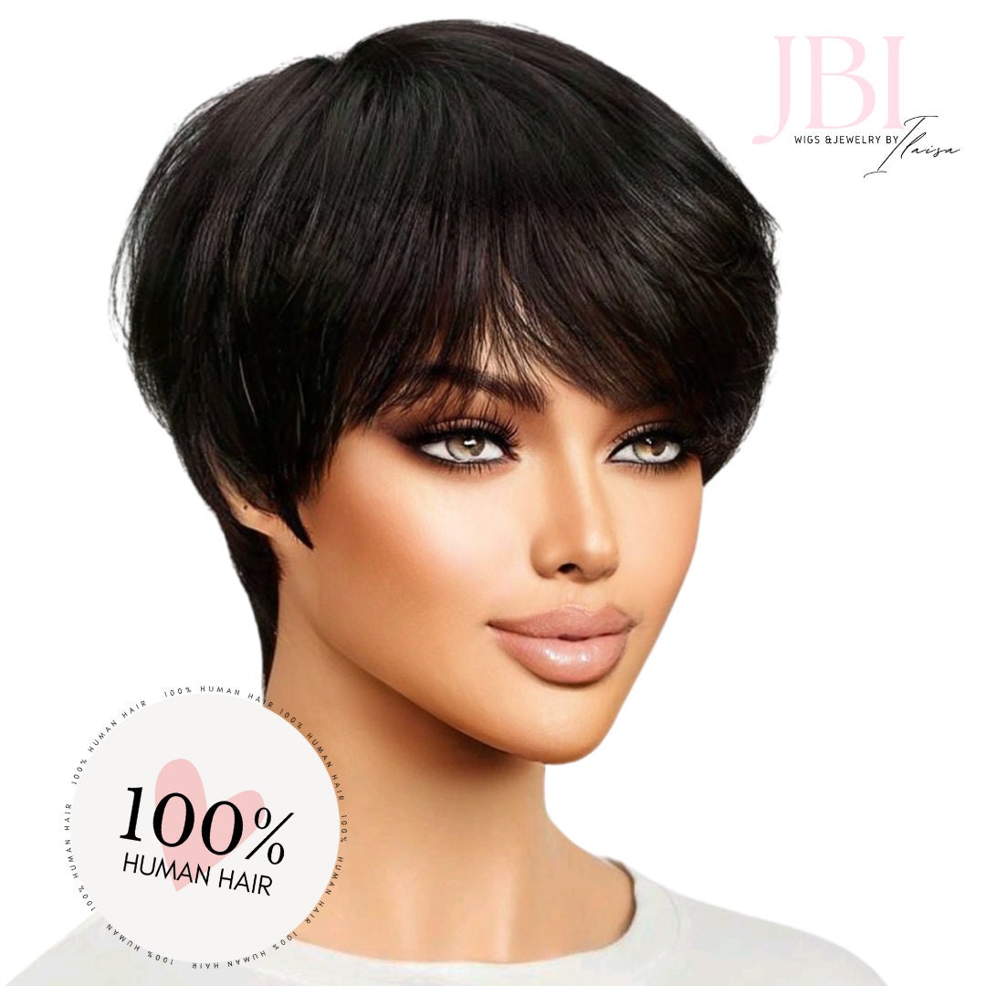 JBI | * NADIA * 100% Human Hair 1B Black 6 Inch Glueless Pixie Cut Wig ...
