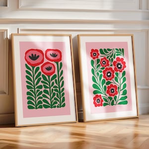 Retro Poppy Art Print Pink & Green Flower Poster Set of 2, Colorful ...