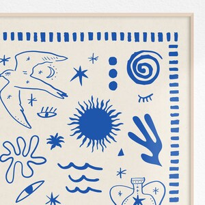 Mediterranean Wall Art Greece Print, Blue Trendy Wall Art Doodle Print ...