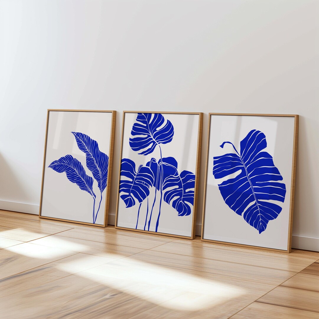 Cobalt Blue Wall Art Botanical Posters, Blue Abstract Leaves Print Set ...