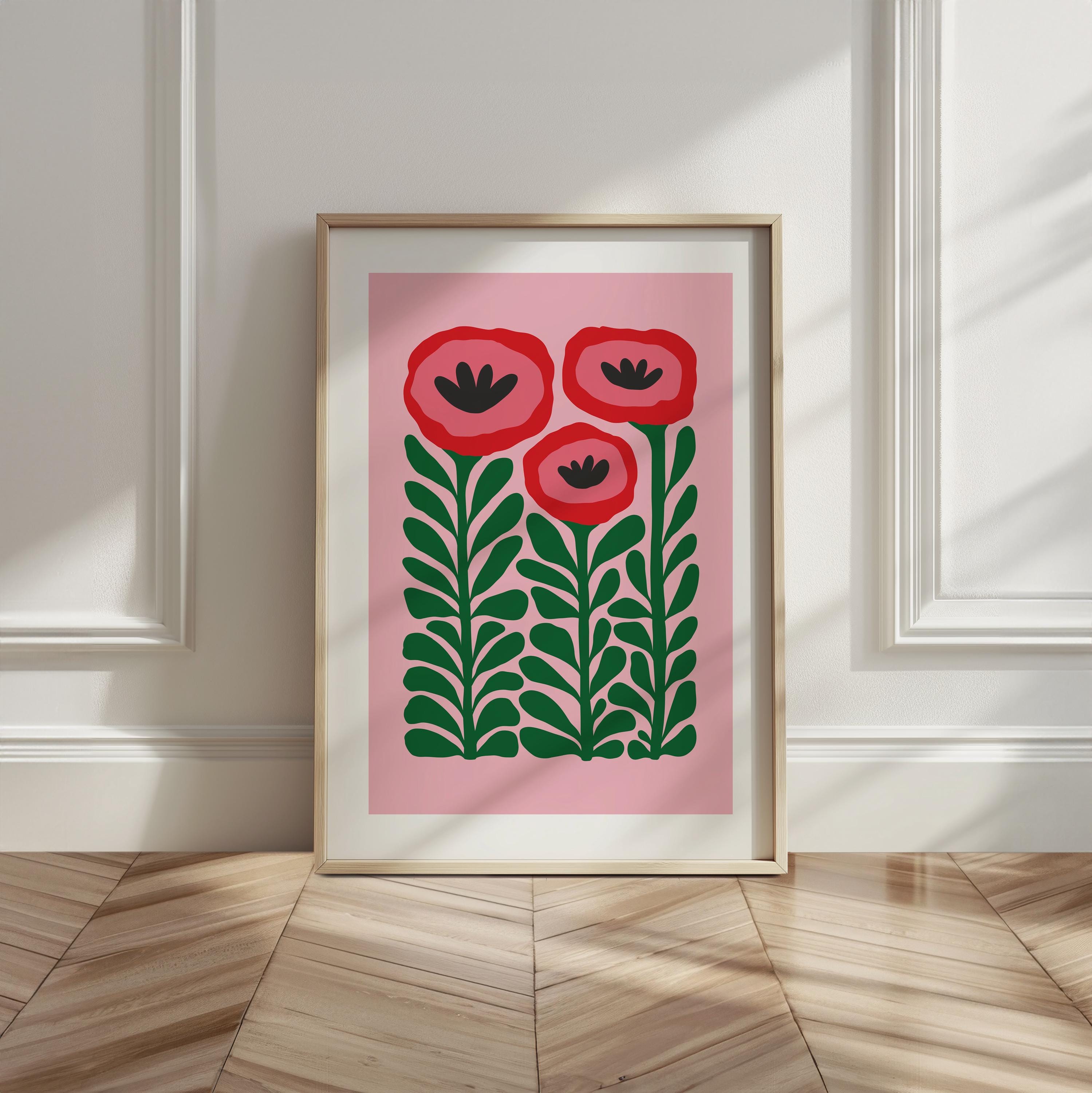 Retro Poppy Art Print Pink & Green Flower Poster, Colorful Dopamine ...