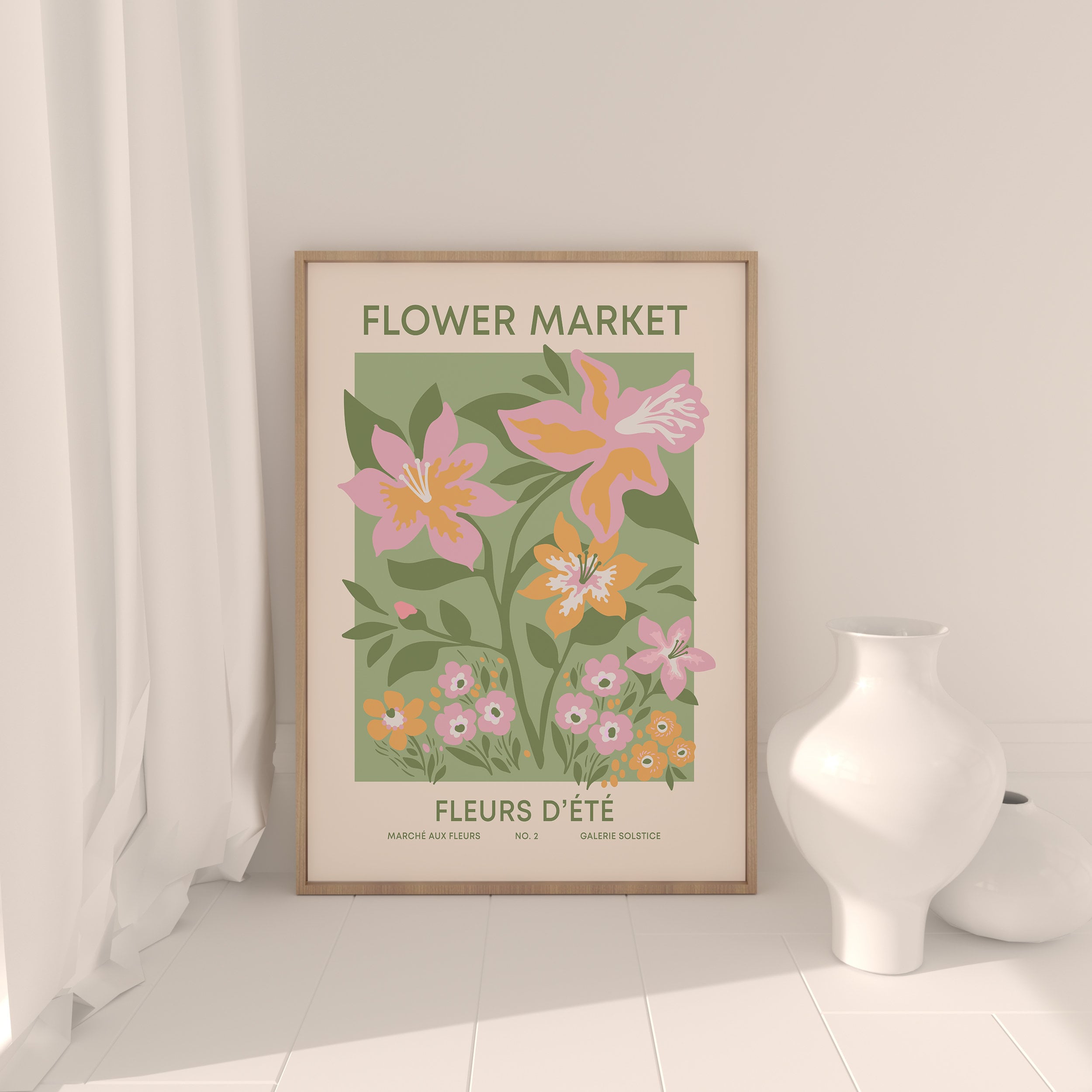 Green & Pink Flower Market Poster Retro Floral Printable Art, Aesthetic ...