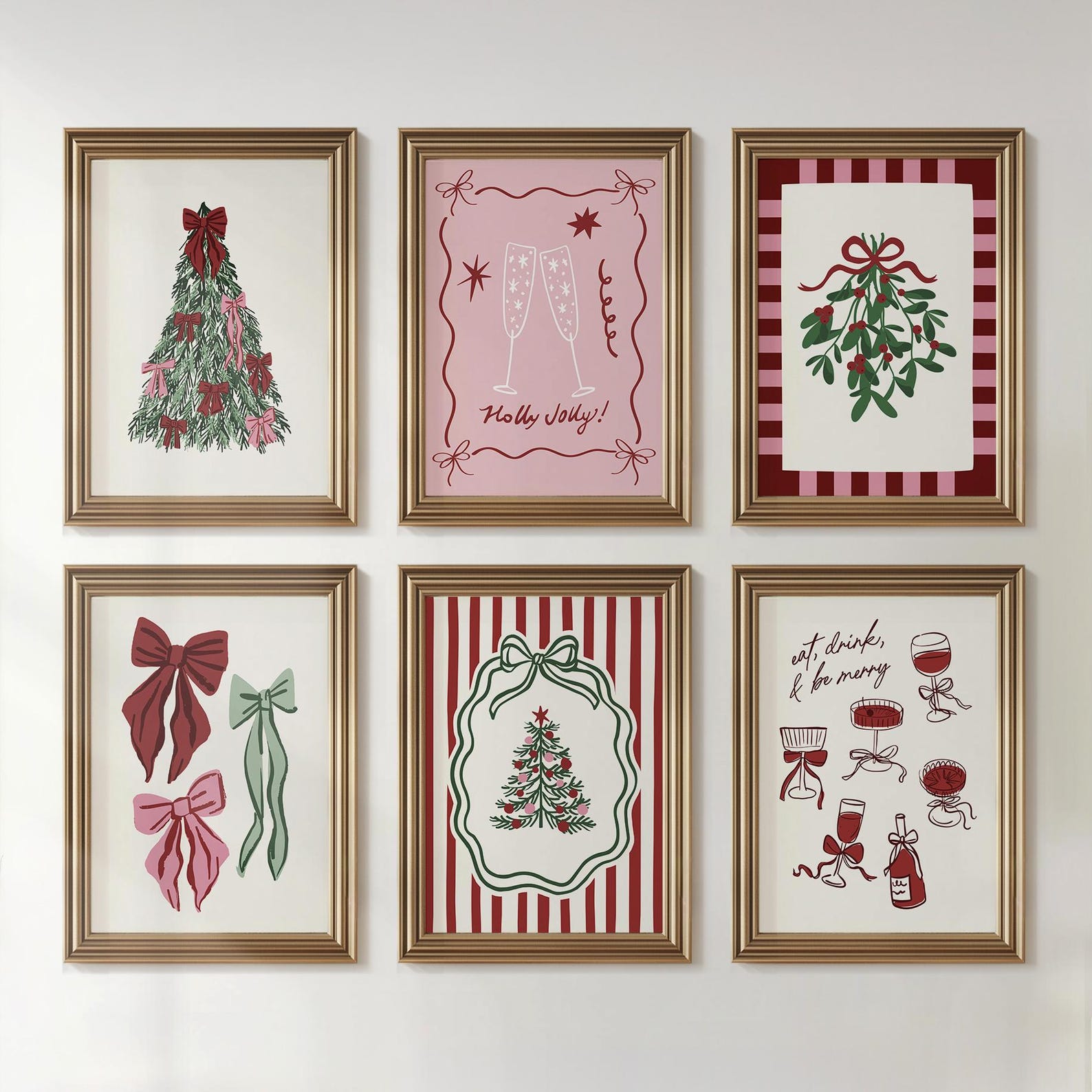 Preppy Christmas Prints: Set of 8 Burgundy & Pink Trendy Christmas ...