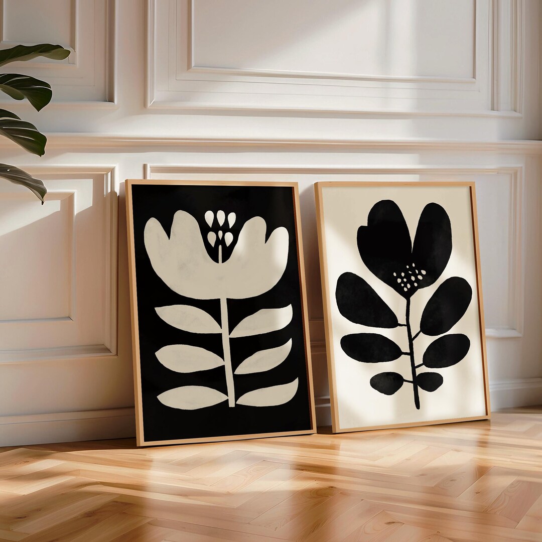 Large Flower Print Set of 2 Black & White Retro Floral Posters ...