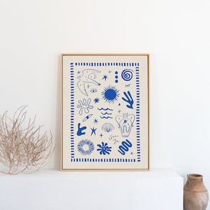 Mediterranean Wall Art Greece Print, Blue Trendy Wall Art Doodle Print ...