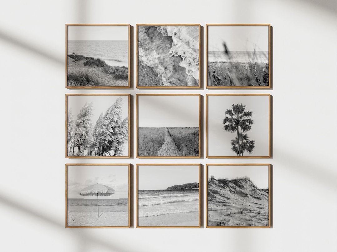 Square Gallery Wall Set of 9 Beach Prints, Black & White Coastal Printable Art, 8x8, 10x10 ...