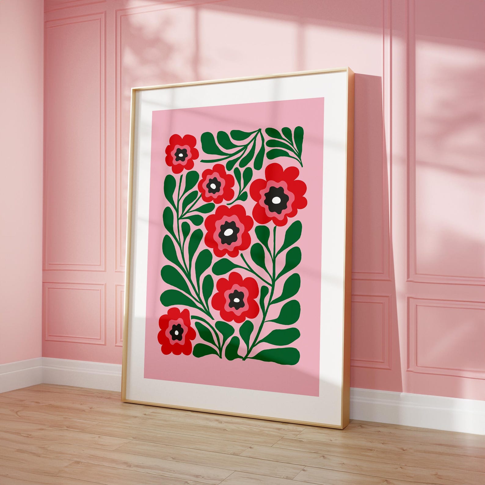 Retro Poppy Art Print Pink & Green Flower Poster Set of 2, Colorful ...