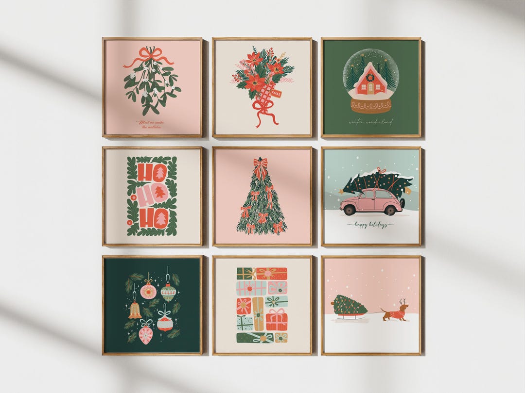 Square Christmas Prints Set of 9 Cute Pink Christmas Prints, Trendy ...