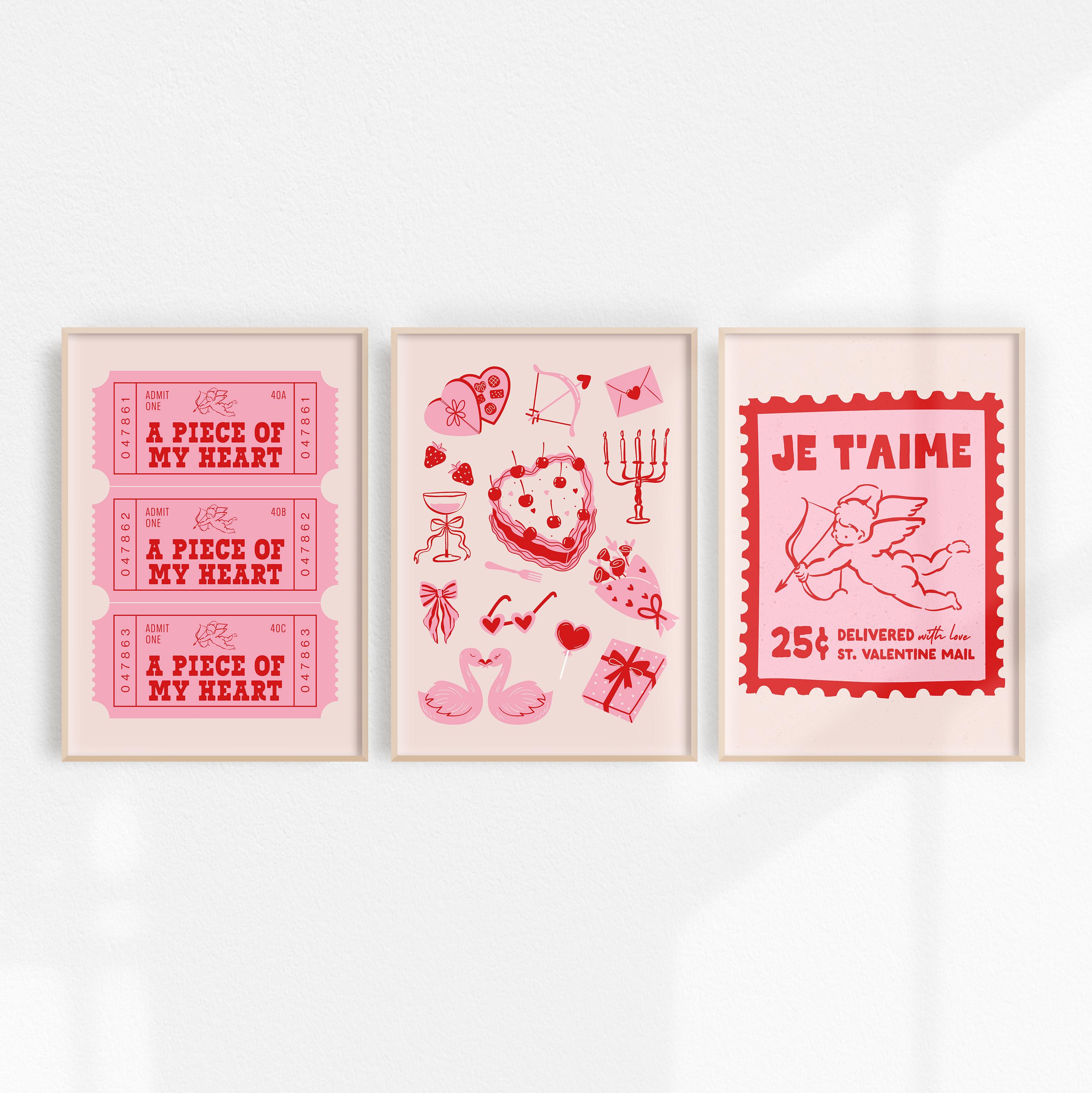 Valentine's Day Set of 3 Prints Pink Romantic Decor, Pink & Red Wall ...