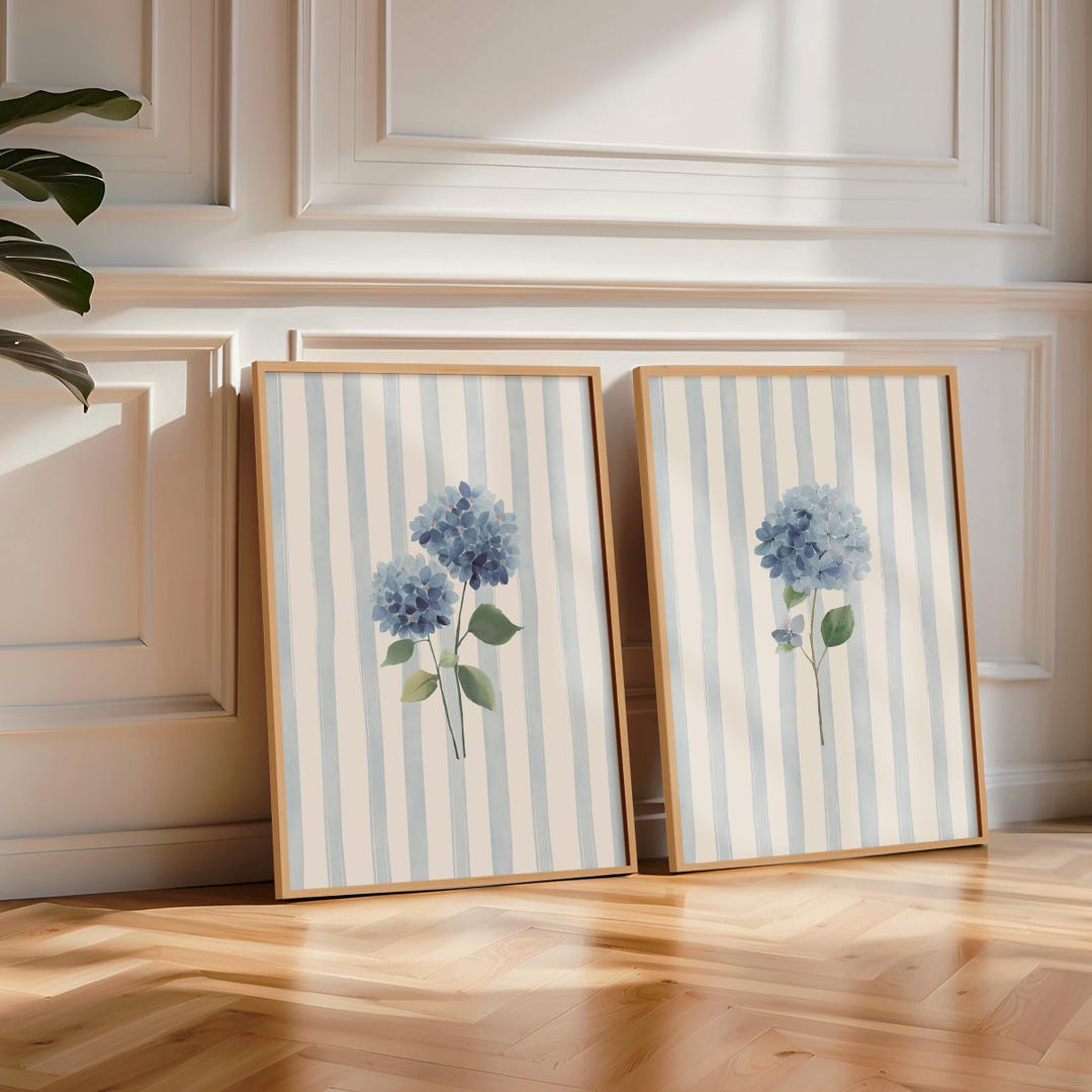 Blue Hydrangea Prints Set of 2 Watercolor Hydrangea Posters, Preppy ...