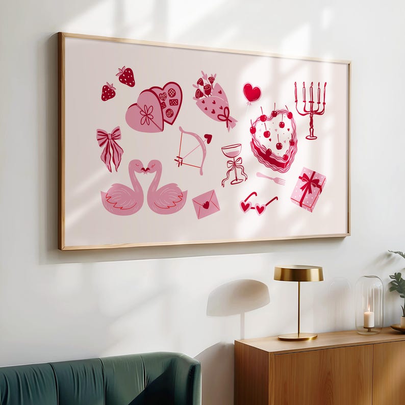 Girly Valentines Frame TV Art Set of 8 Prints, Pink & Burgundy ...