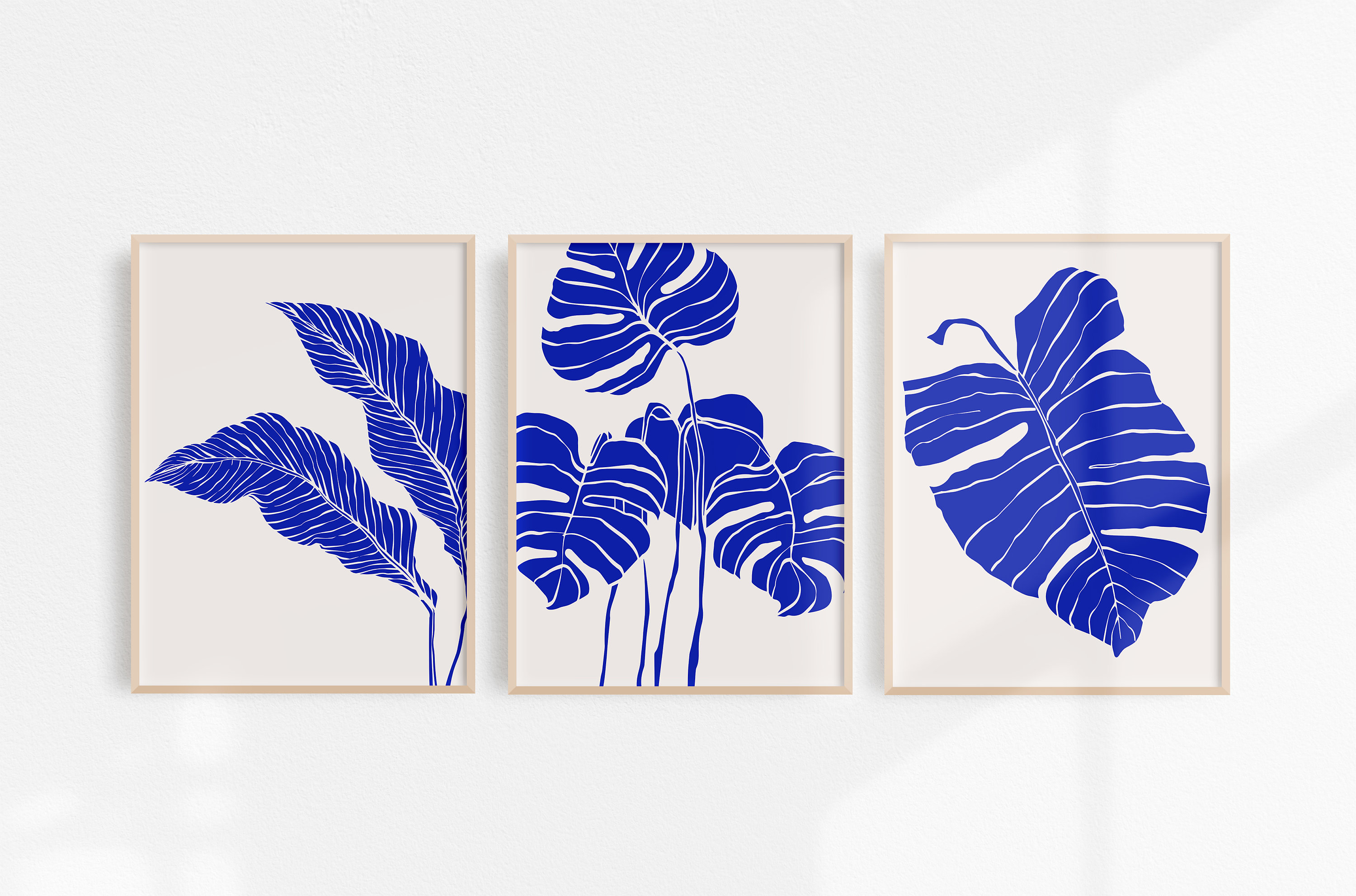 Cobalt Blue Wall Art Botanical Posters, Blue Abstract Leaves Print Set ...
