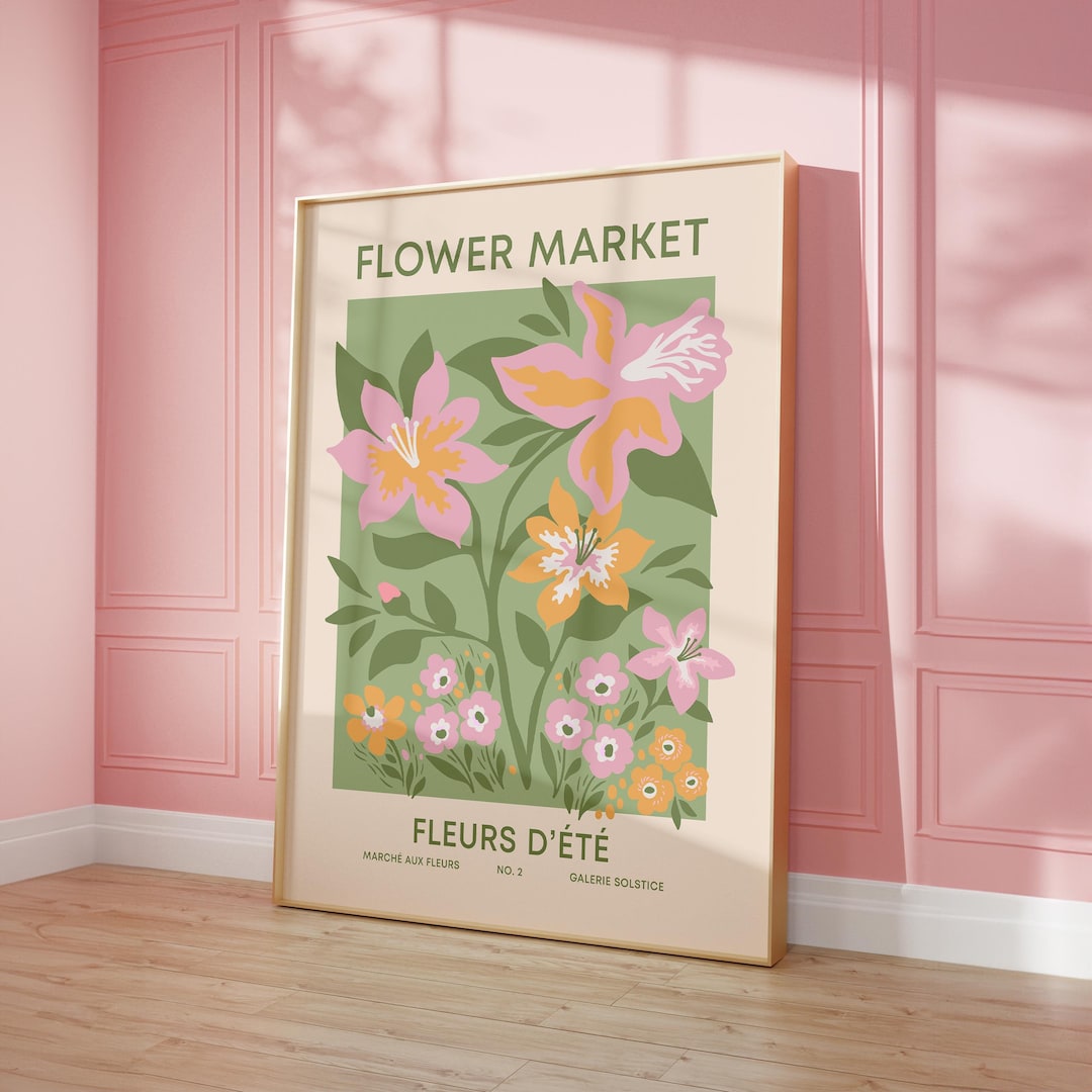Green & Pink Flower Market Poster Retro Floral Printable Art, Aesthetic ...
