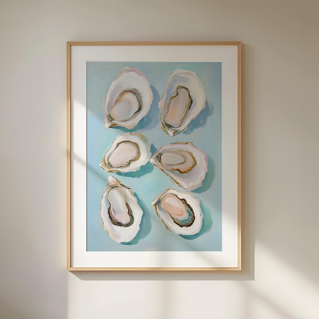 Oysters Print Pastel Blue Oyster Shell Painting, Trendy Kitchen Decor ...