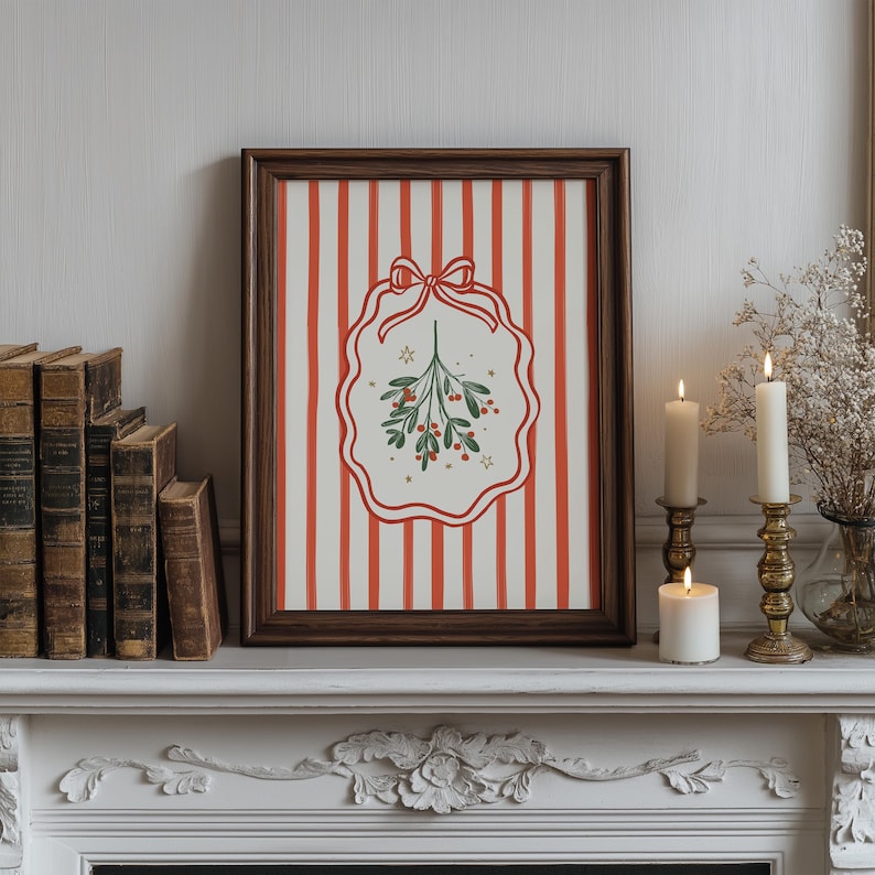 Red & White Striped Mistletoe Print: Cute Christmas Printable Art ...