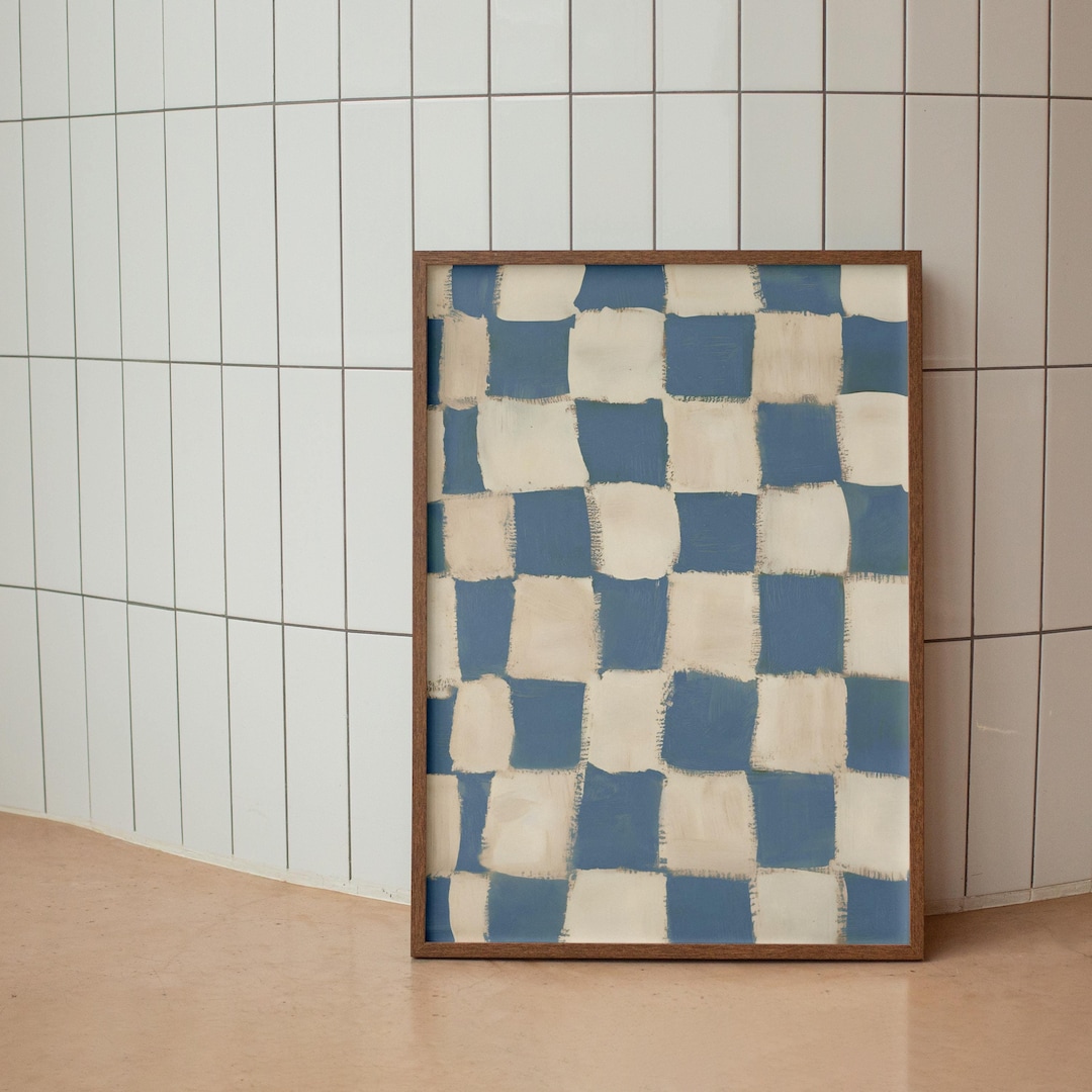 Blue Checker Print Aesthetic Wall Art, Retro Wall Art Hand Painted ...