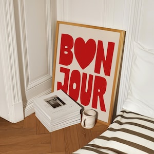 Bonjour Wall Art Red Retro Wall Art, Trendy French Wall Art Print Good ...