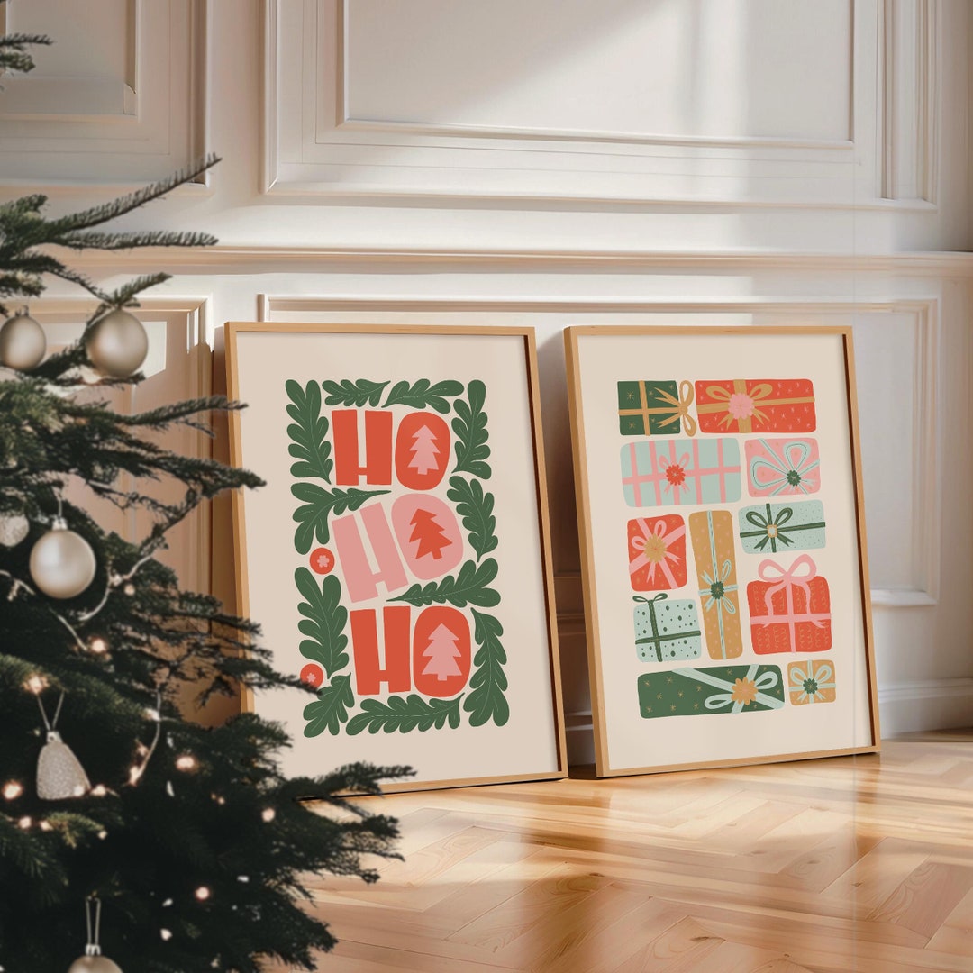 Retro Christmas Print Set of 2 Modern Christmas Printable Art, Trendy ...