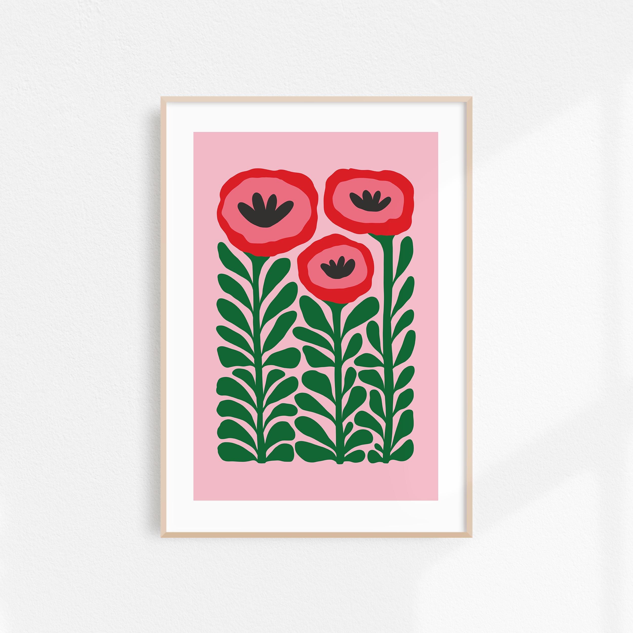 Retro Poppy Art Print Pink & Green Flower Poster, Colorful Dopamine ...