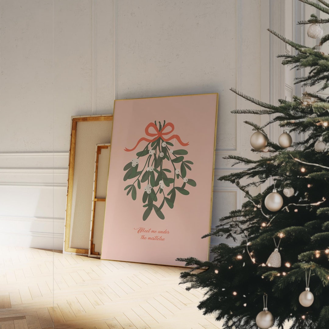 Coquette Christmas Printable Art Mistletoe Print, Pink & Green Retro ...