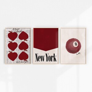 Red Retro Poster Set of 3 New York Wall Art, Trendy Red Wall Art ...