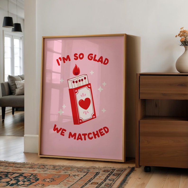 So Glad We Matched Print, Retro Matchbox Print Tinder Match Wall Art ...