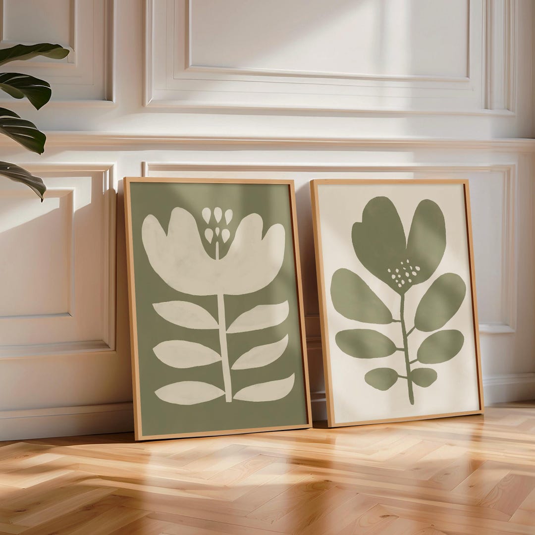 Sage Green Wall Art Set of 2 Light Green Printable Art, Abstract Flower ...