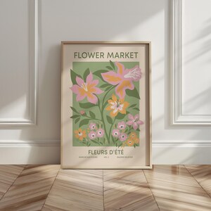 Green & Pink Flower Market Poster Retro Floral Printable Art, Aesthetic ...