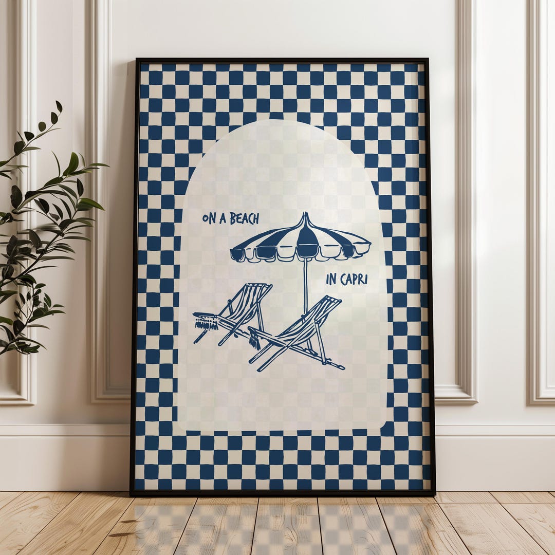 Capri Poster Italy Printable Wall Art, Checkered Trendy Art, Navy Blue ...